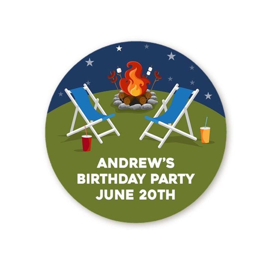 Bonfire Camping Birthday Party Favor Stickers, Happy Birthday Labels ...