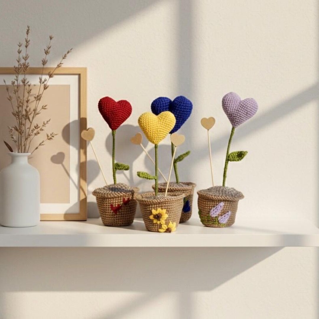 Crochet Heart Flower Pot – Handmade Desk Decor - Etsy