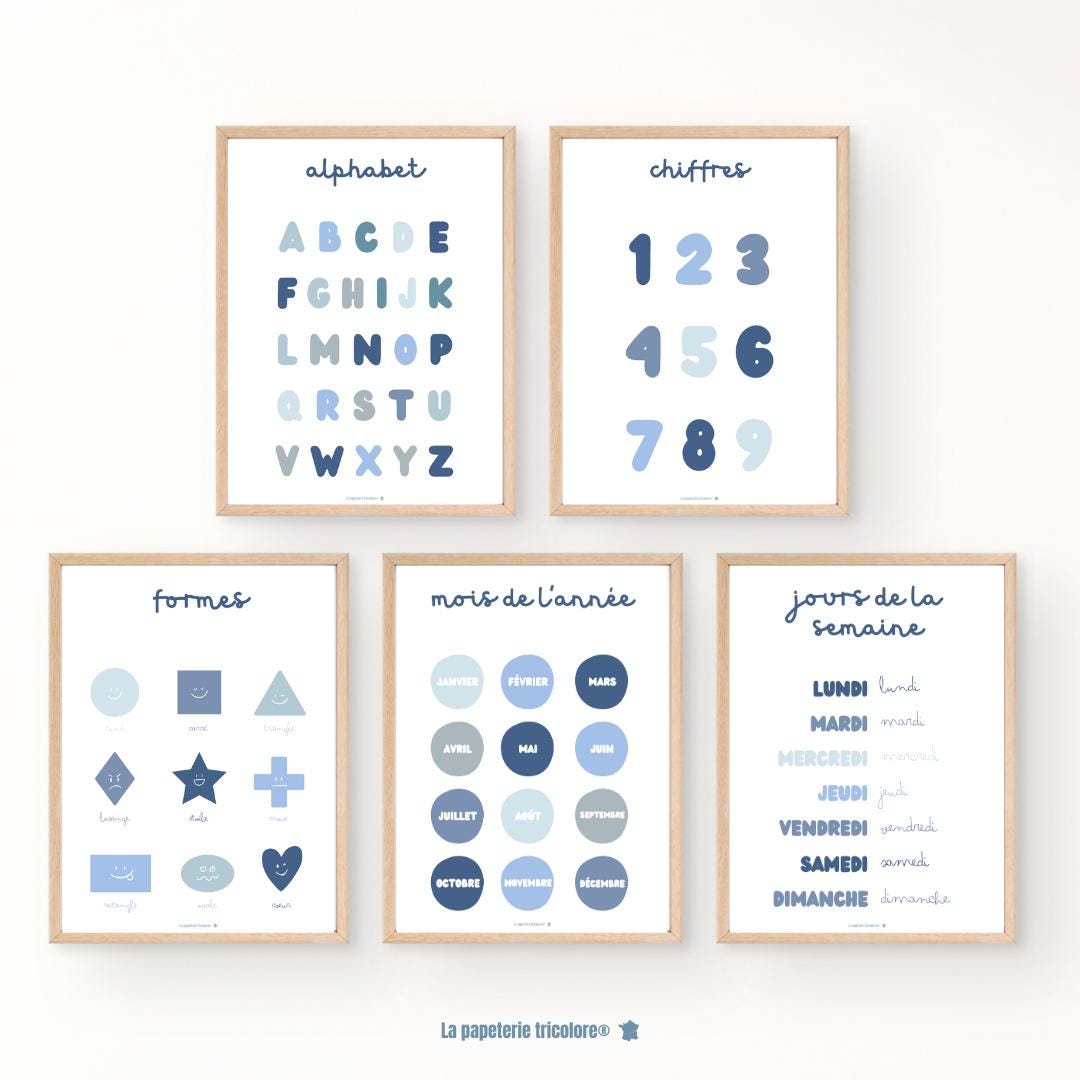 5 Children's Posters learning Alphabet Numbers Days Blue Colors of Your ...