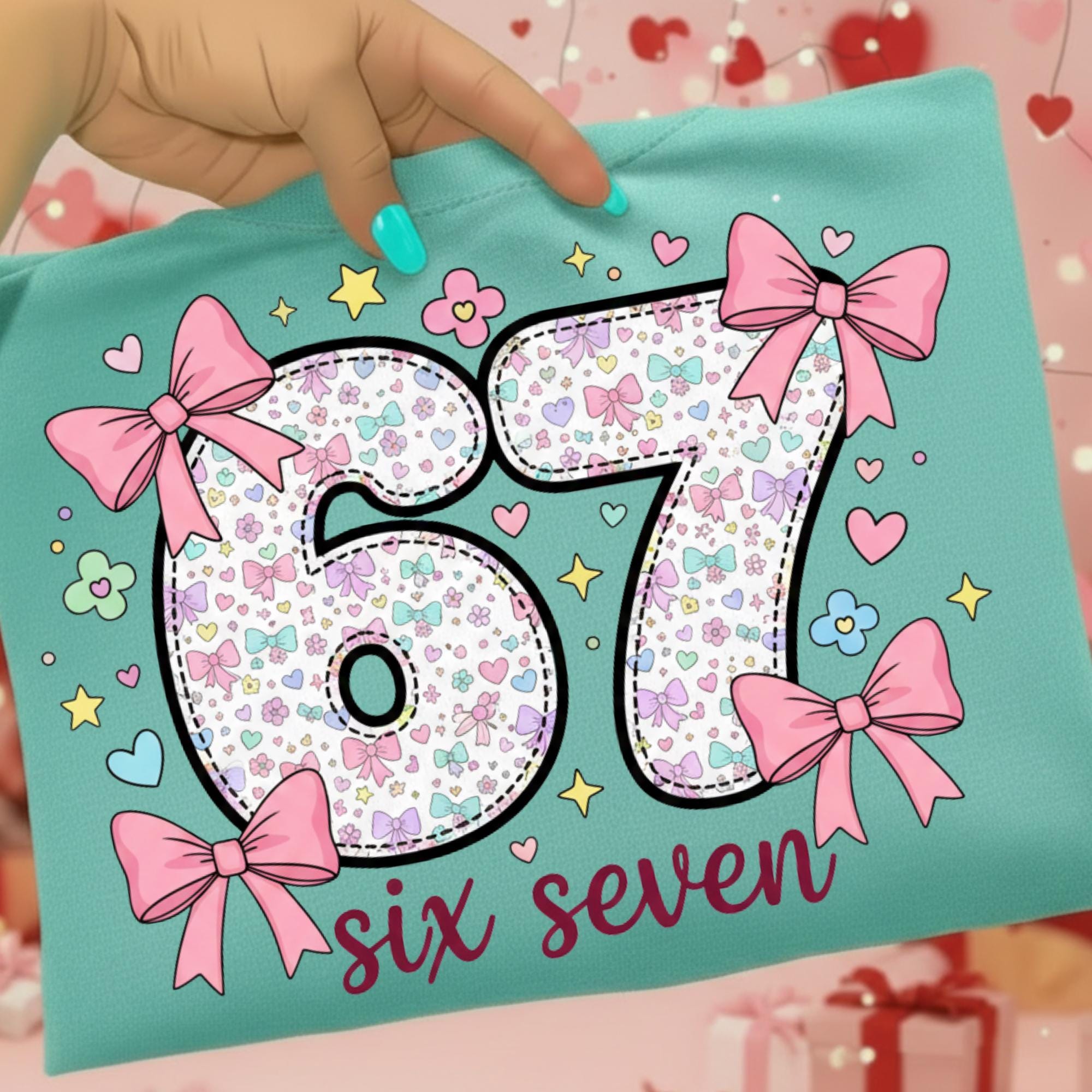 Pink 67 Girly PNG, Flower Six Seven Meme Design, Coquette Pink Bows ...