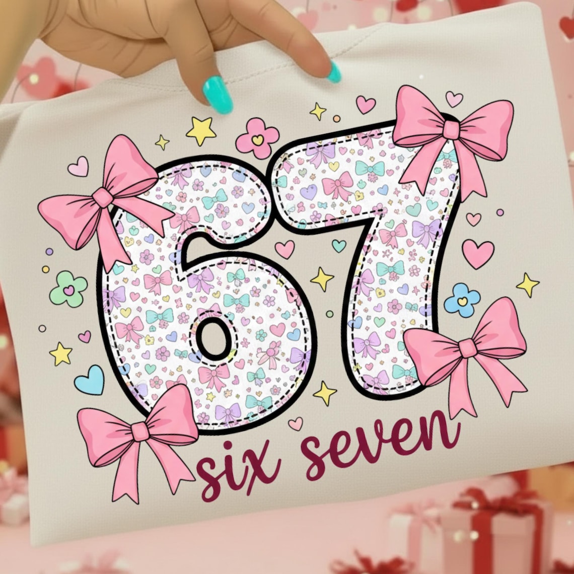 Pink 67 Girly PNG, Flower Six Seven Meme Design, Coquette Pink Bows ...