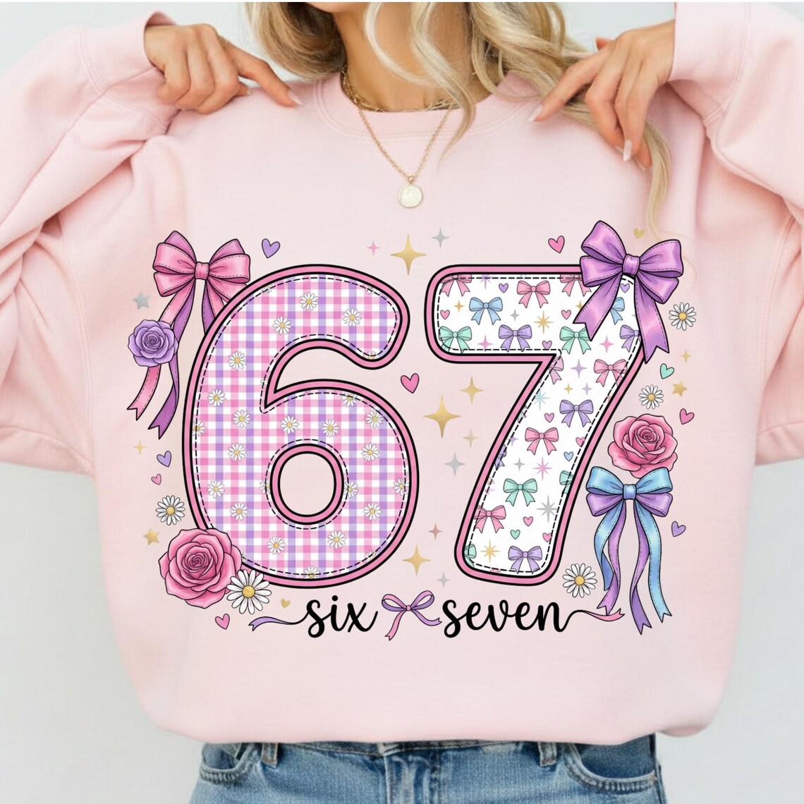 67 Girly Pink Floral PNG Bundle, Trendy Six Seven Meme Graphic for ...
