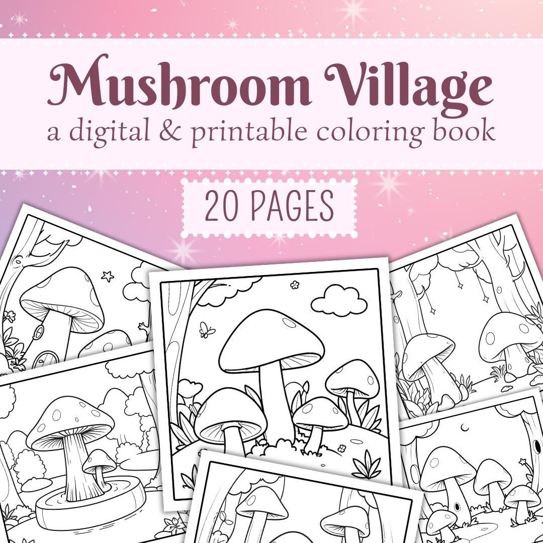 20 Mushrooms Village Coloring Book, Bold Printable PDF, Fantasy Floral ...