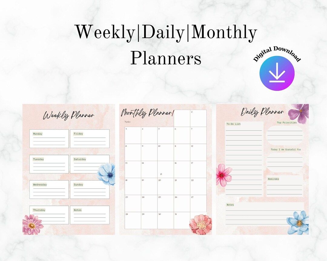 Daily, Weekly, Monthly Planner Printable, Undated Daily/weekly/monthly ...