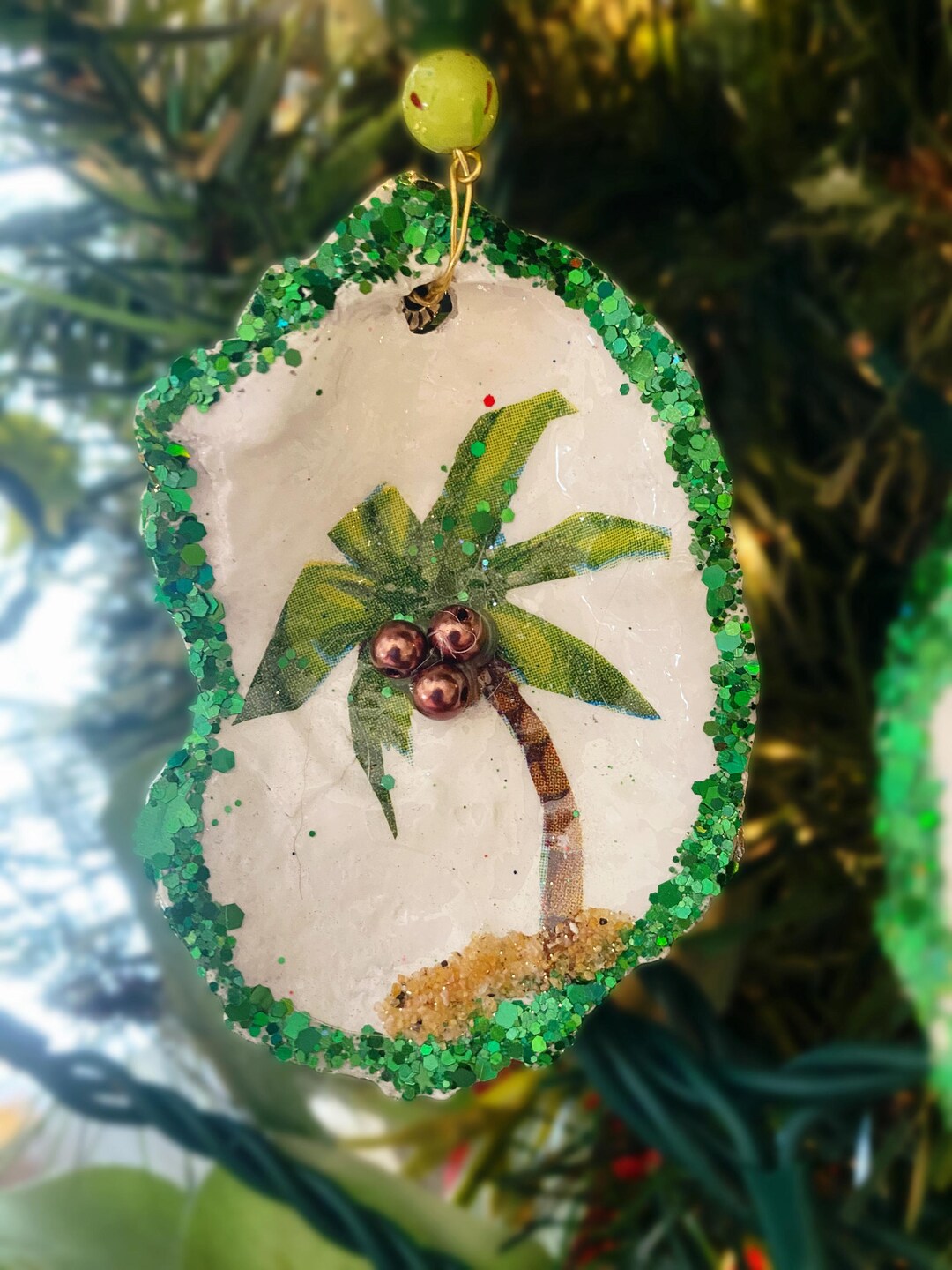 Oyster Shell Palm Tree With Coconuts Decoupage, Green Glitter - Etsy