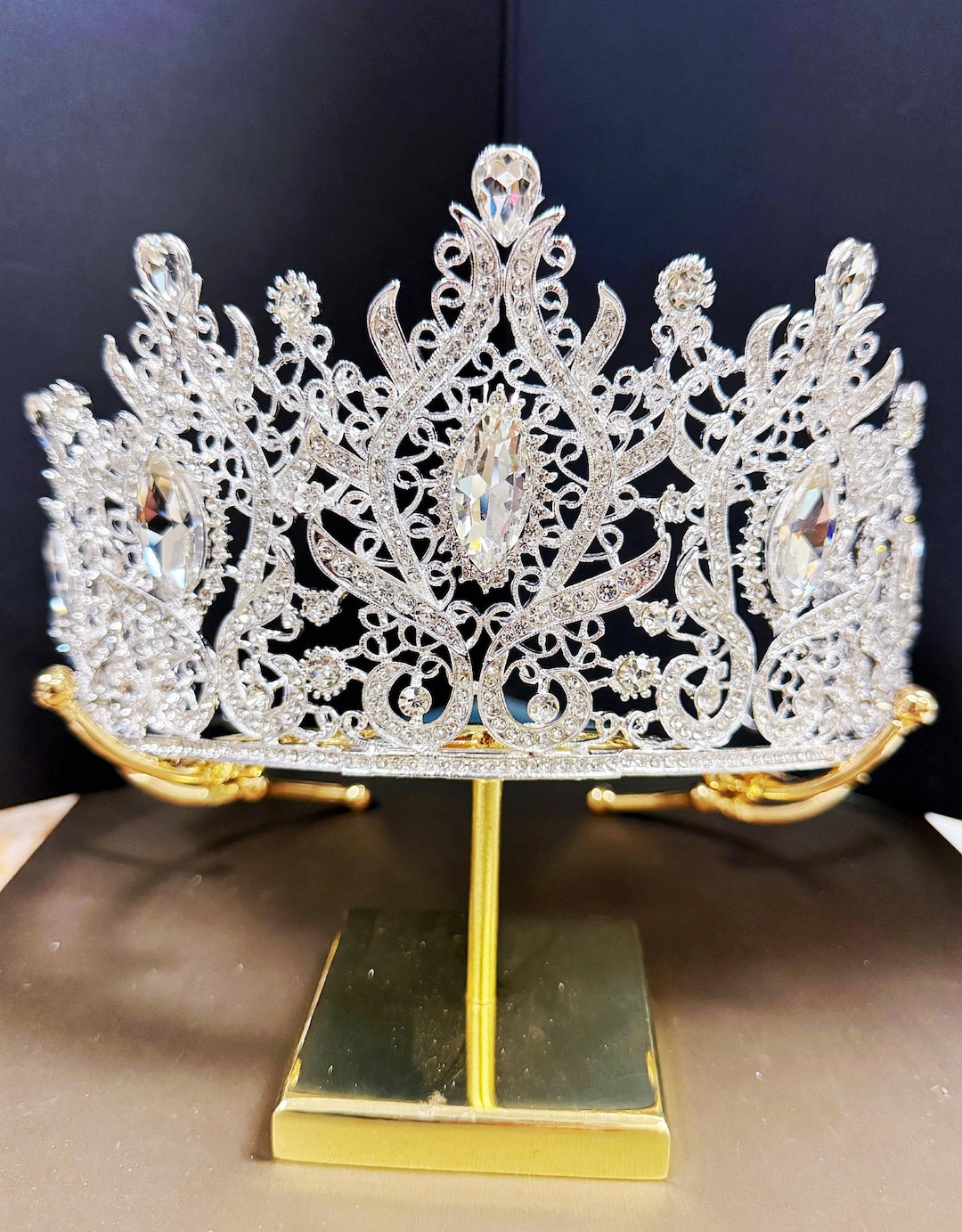 Large Silver Crown Princess Tiara Handmade Clear Rhinestone Wedding ...