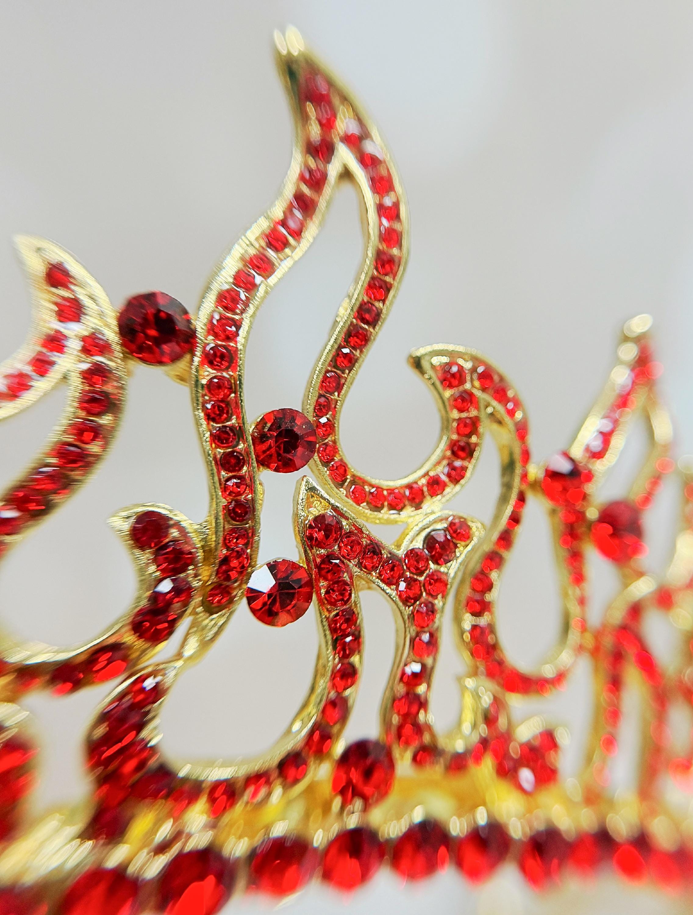 Gold Fire Red Rhinestone Tiara Handmade Queen Crown Wedding Gift for ...