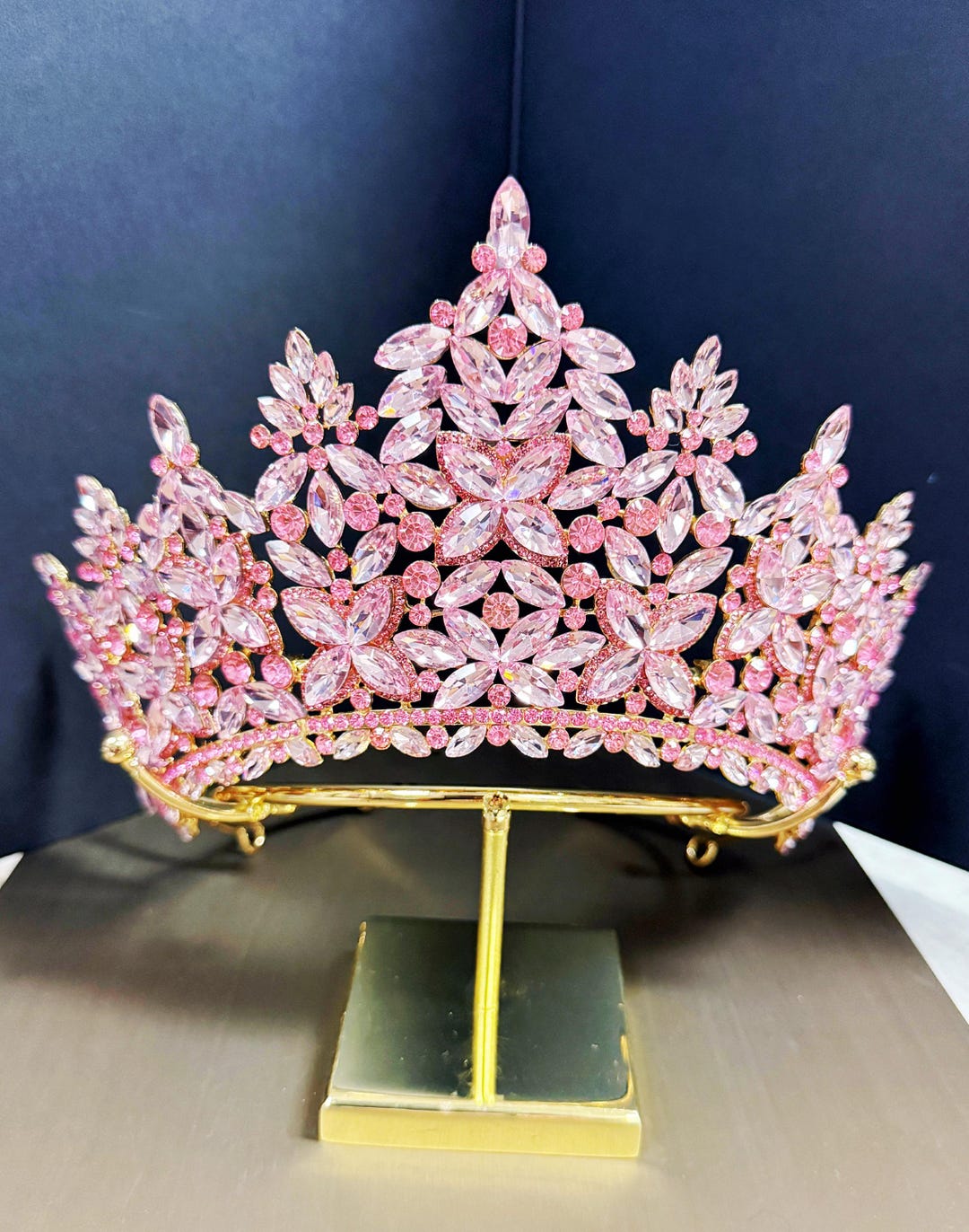 High Quality Gold Pink Rhinestones Princess Tiara Super Shining Wedding ...