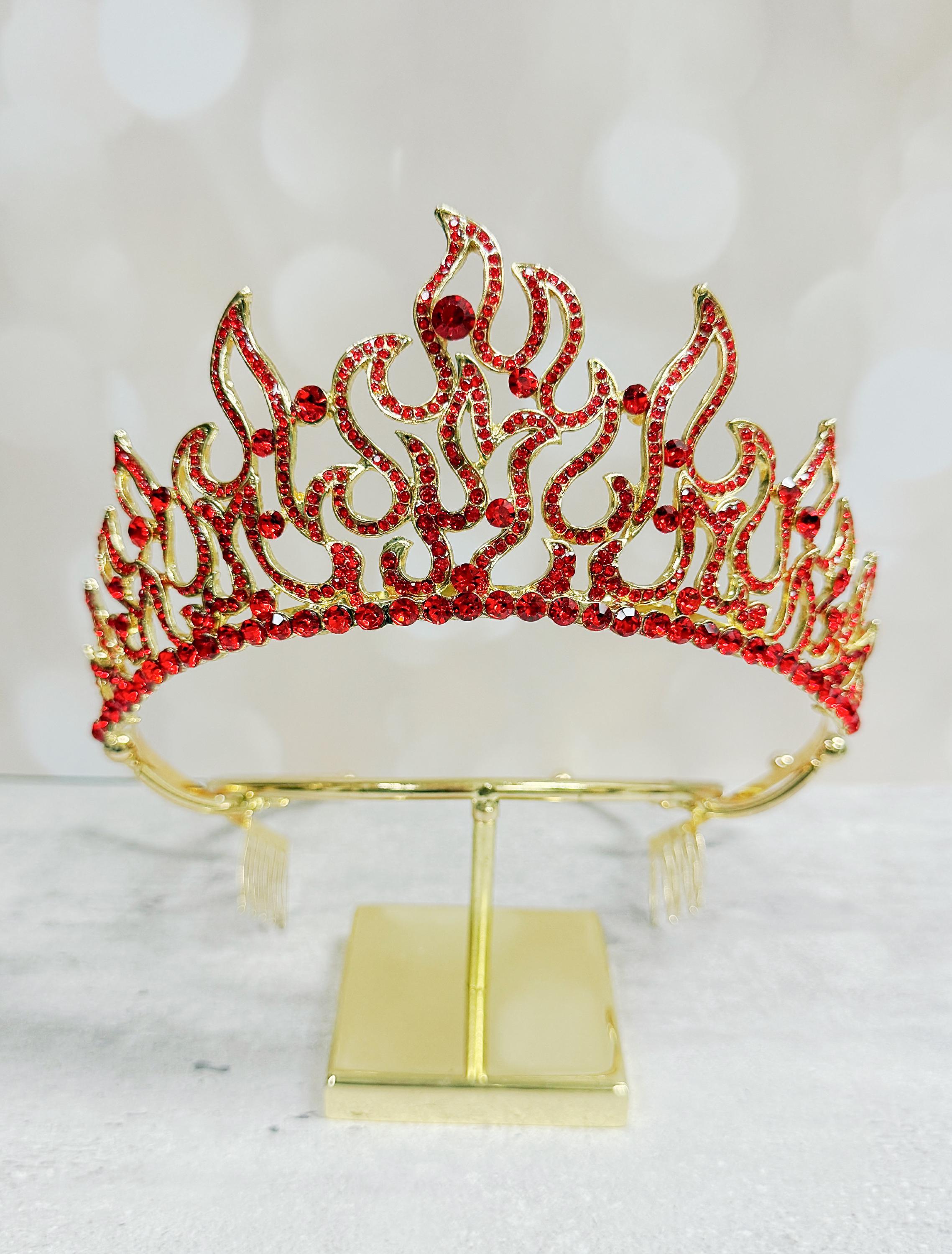 Gold Fire Red Rhinestone Tiara Handmade Queen Crown Wedding Gift for ...