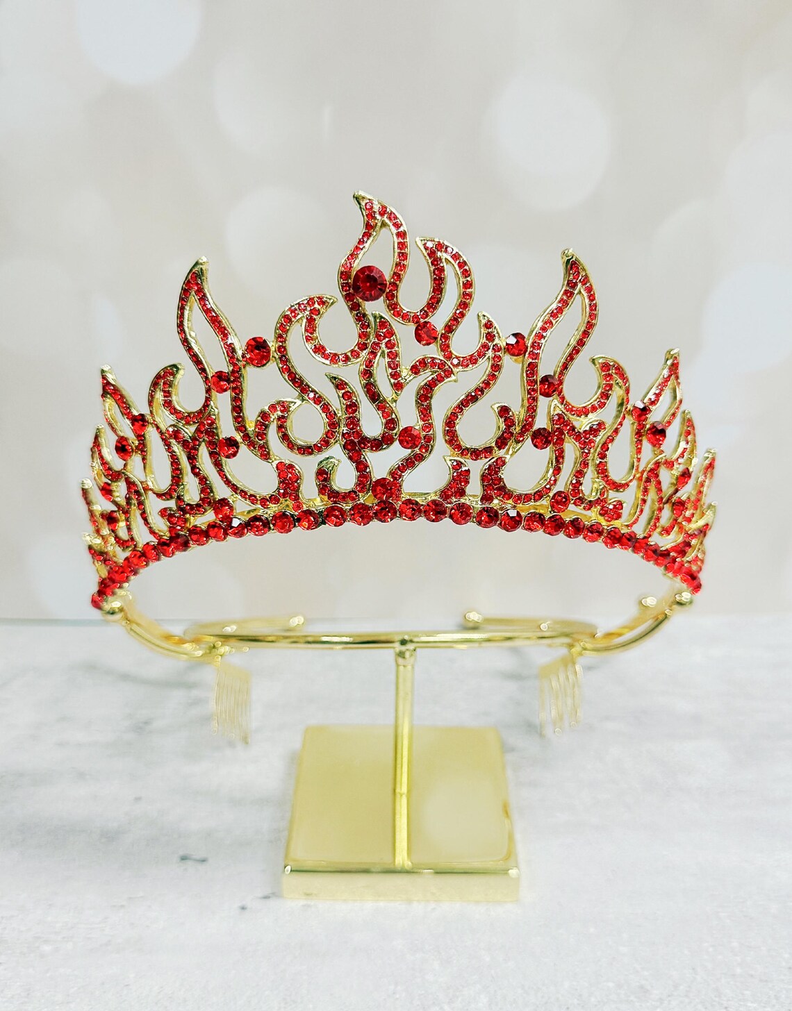 Gold Fire Red Rhinestone Tiara Handmade Queen Crown Wedding Gift for ...