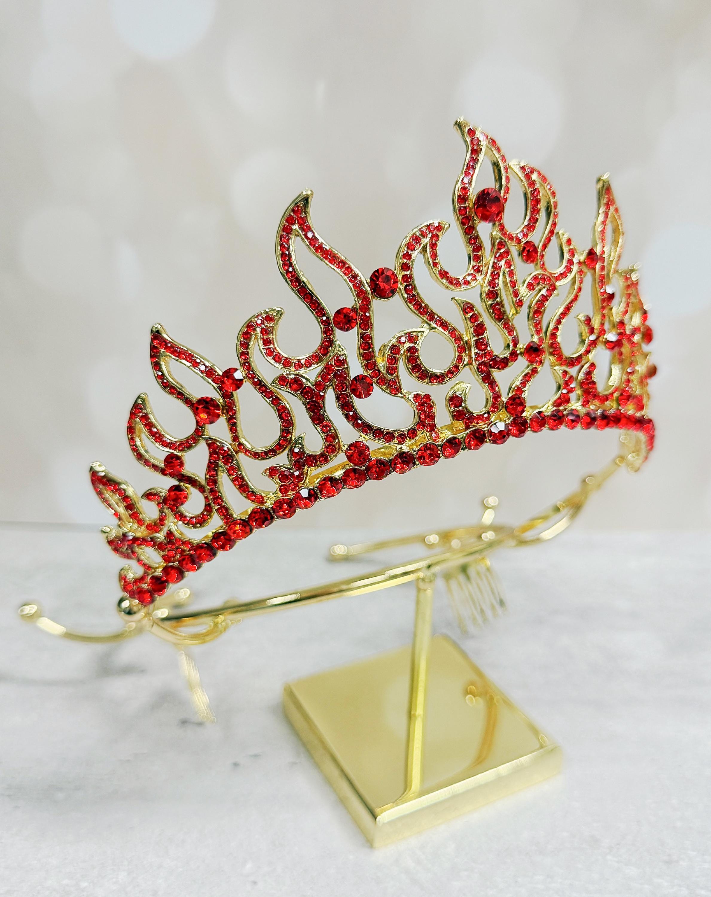 Gold Fire Red Rhinestone Tiara Handmade Queen Crown Wedding Gift for ...