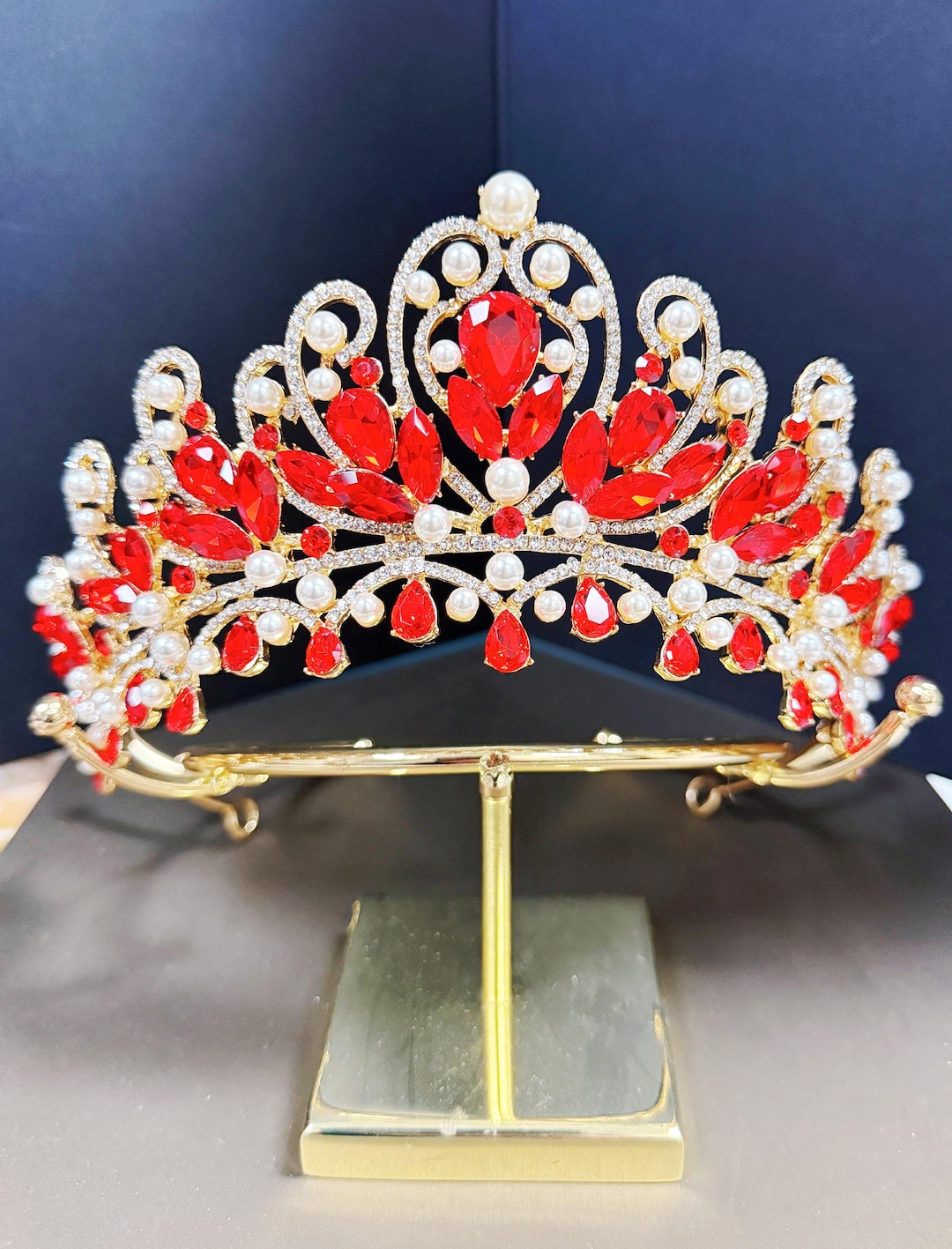 Gold Red Rhinestone Tiara Pearl Wedding Tiara Customize Color Wedding ...