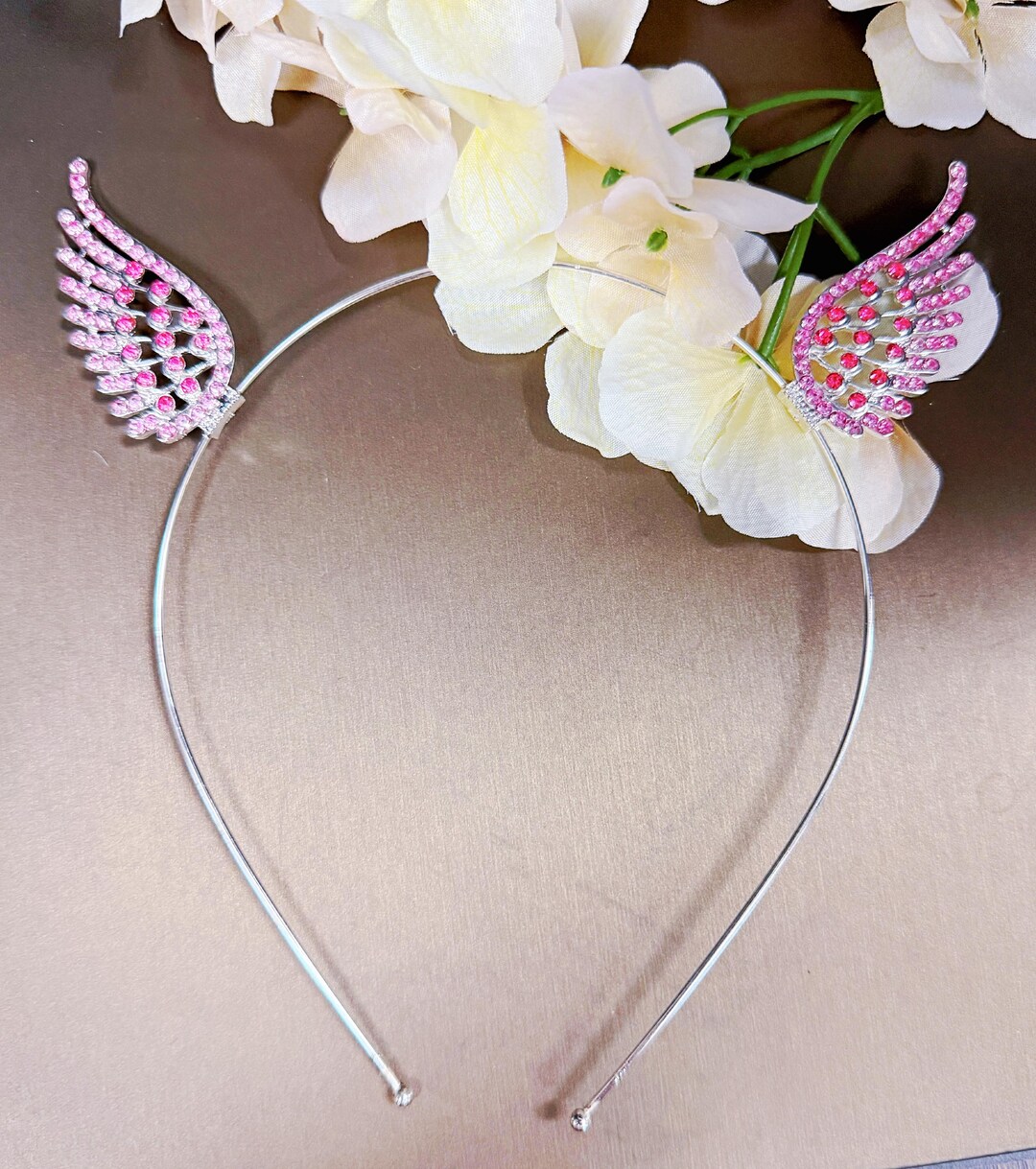 Silver Pink Angel Wings Headband Wedding Headband Birthday Gift Flower ...