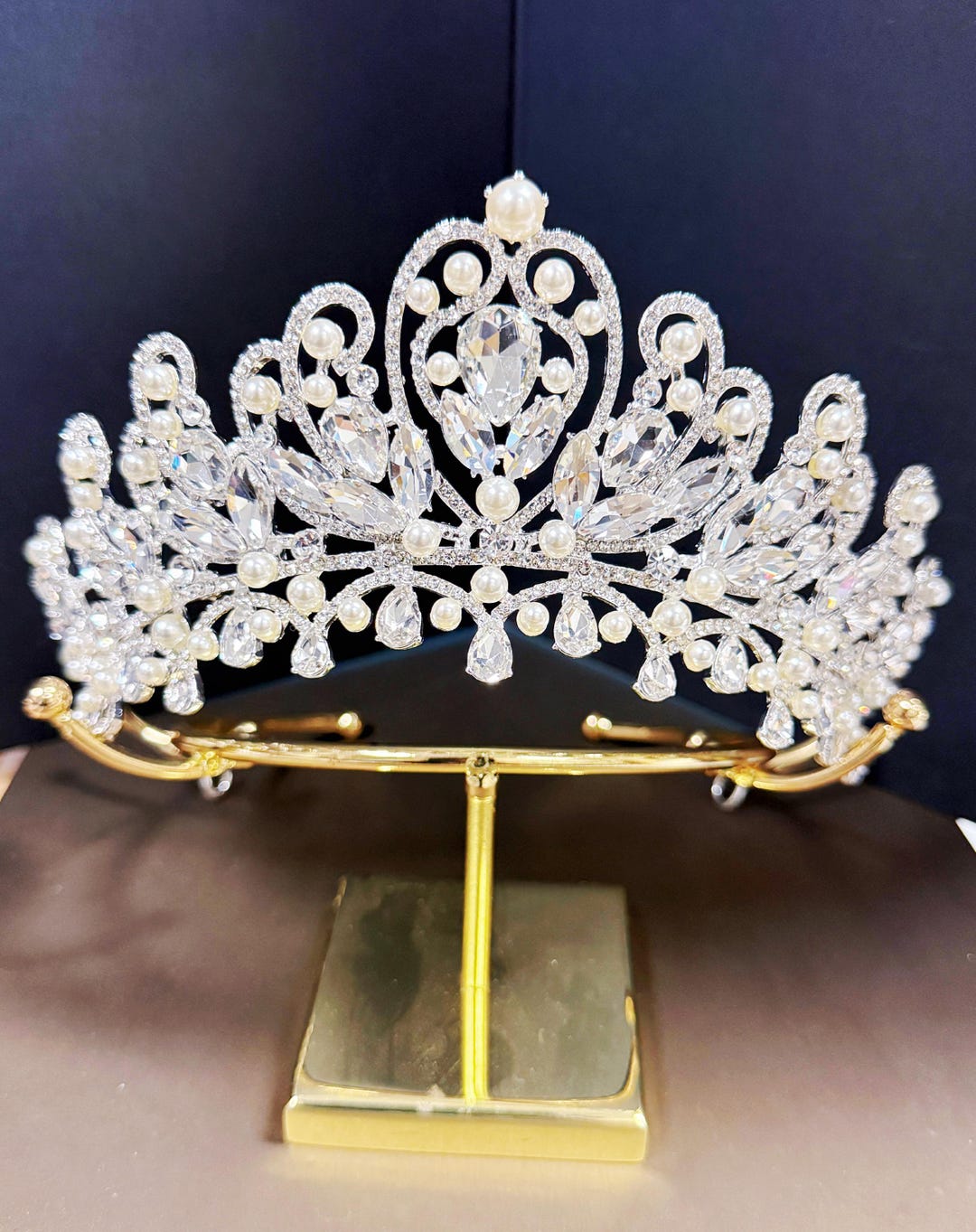 Silver Rhinestone Crown Pearl Princess Tiara Handmade Customize Color ...