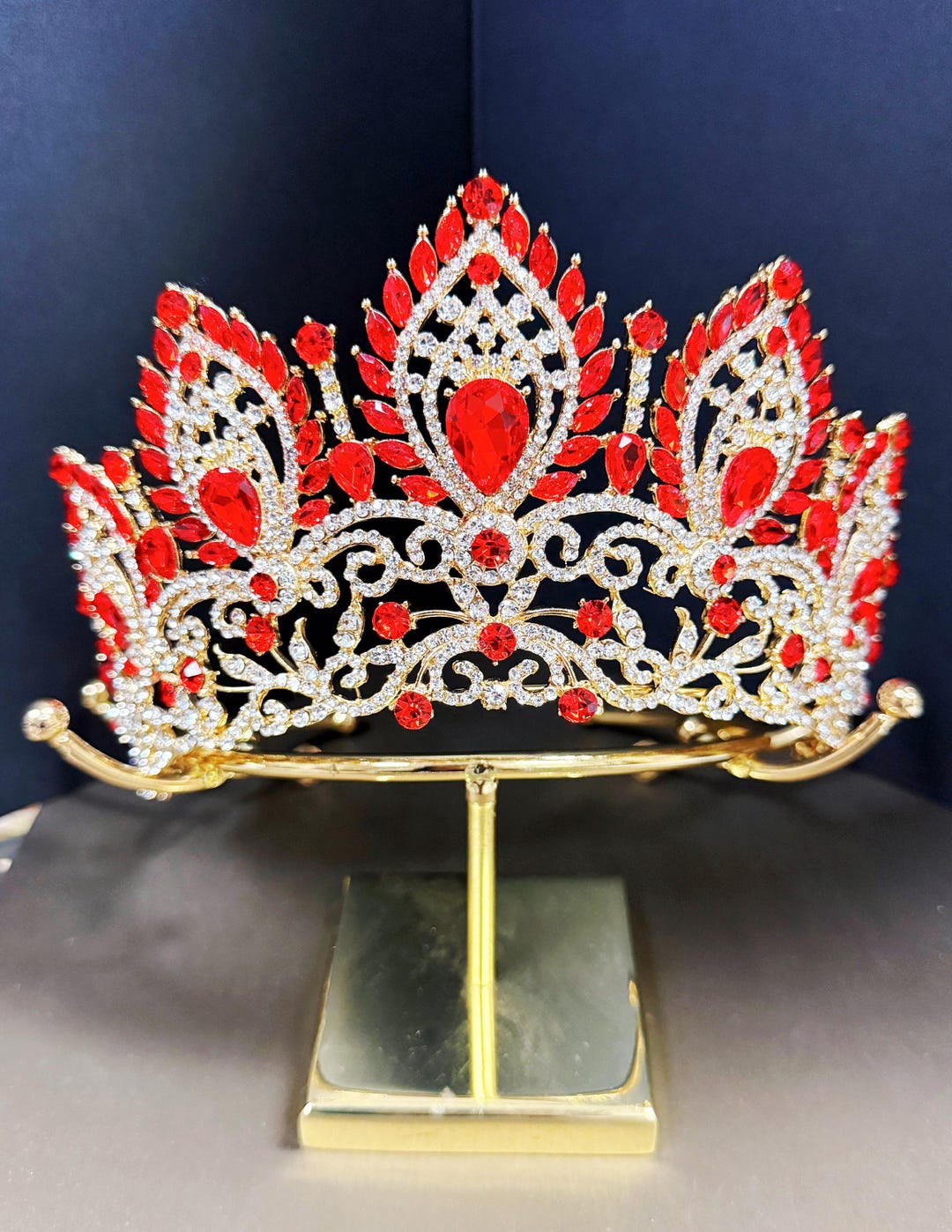 Royal Gold Crown Red Rhinestone Tiara Customize Color Wedding Gift for ...