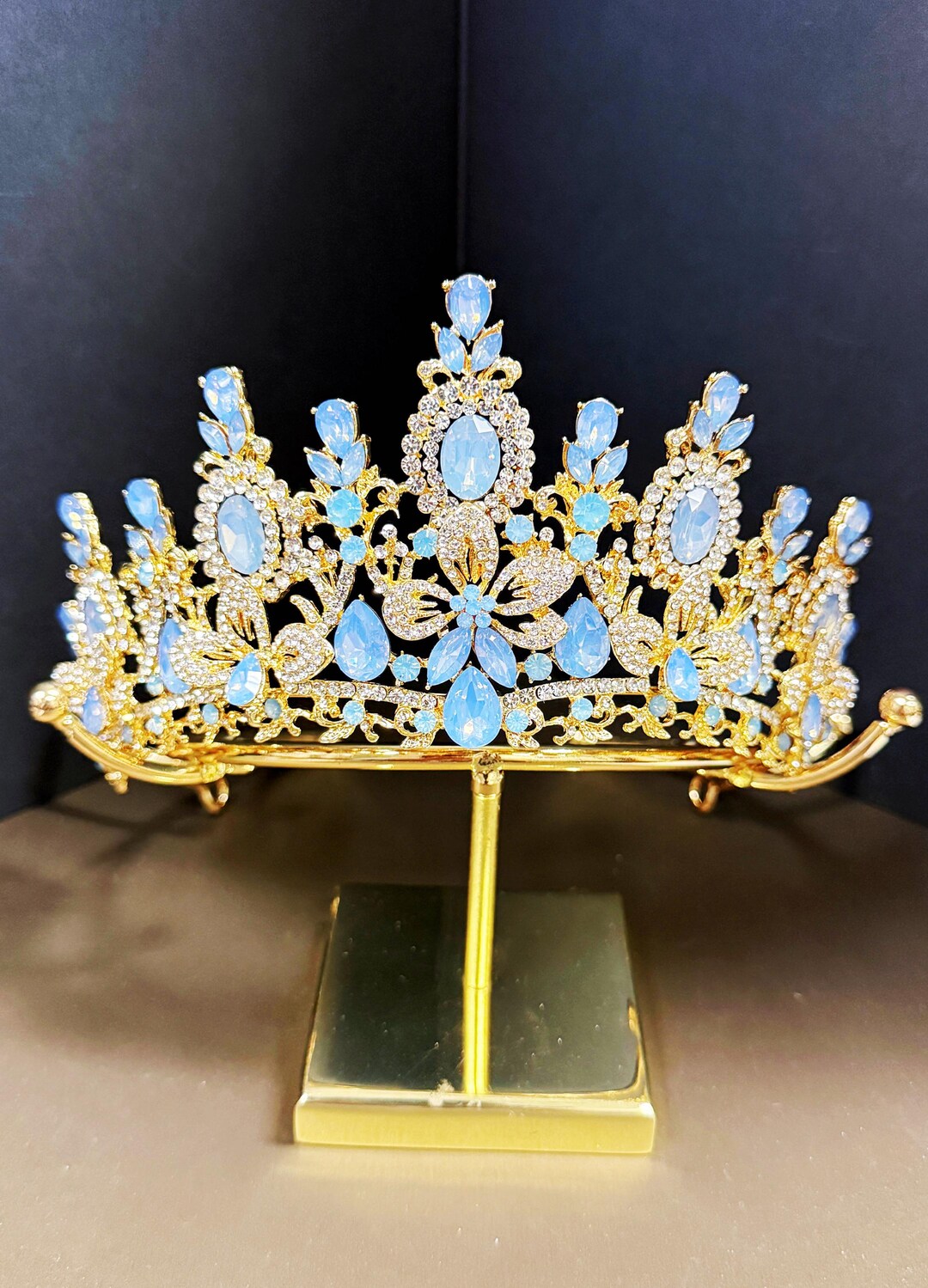 Gold Tiara Baby Blue Rhinestone Wedding Tiara Customize Color Headband ...