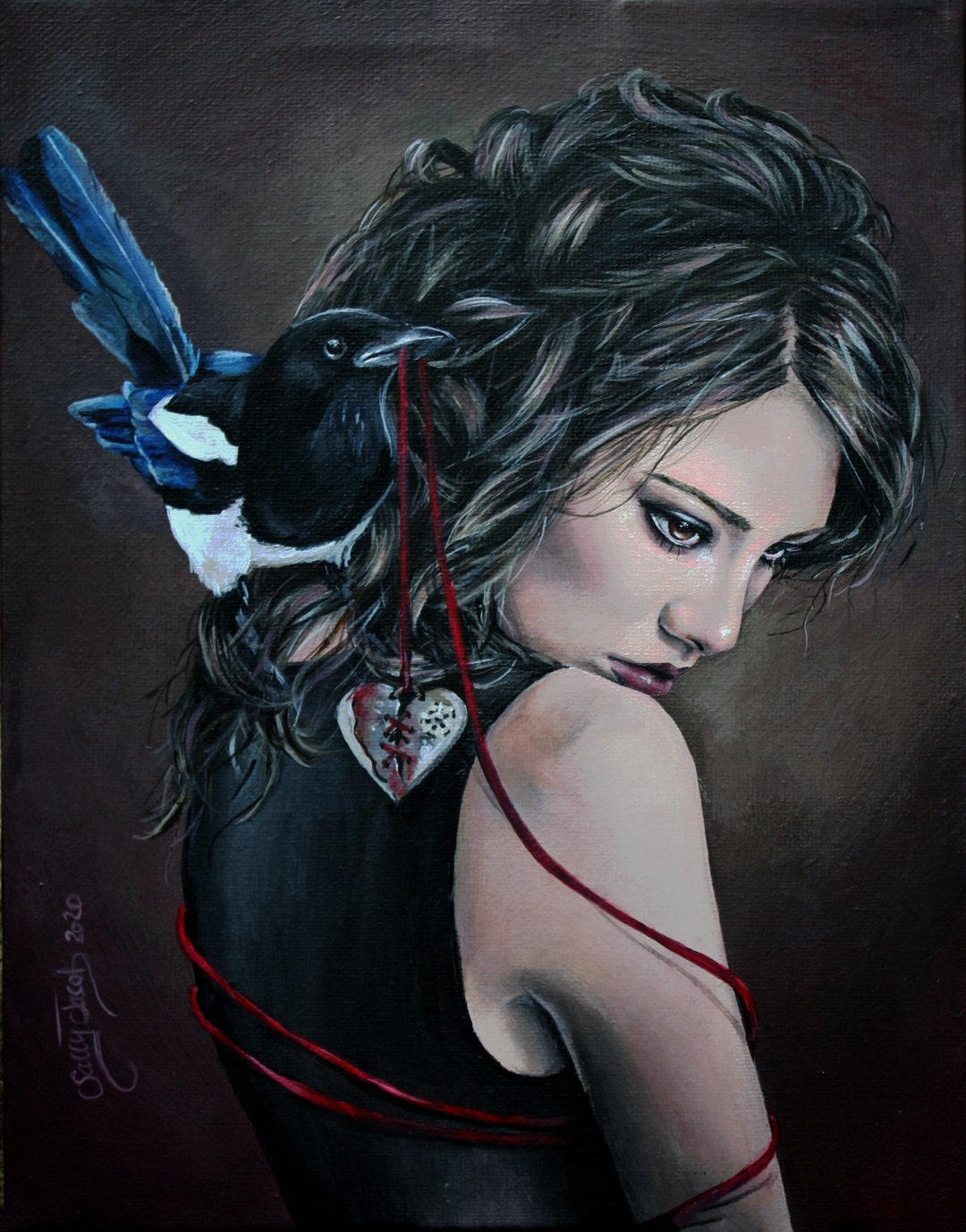 My Heart, Steampunk Gothic Portrait With Magpie, Art Print, Lowbrow Art ...