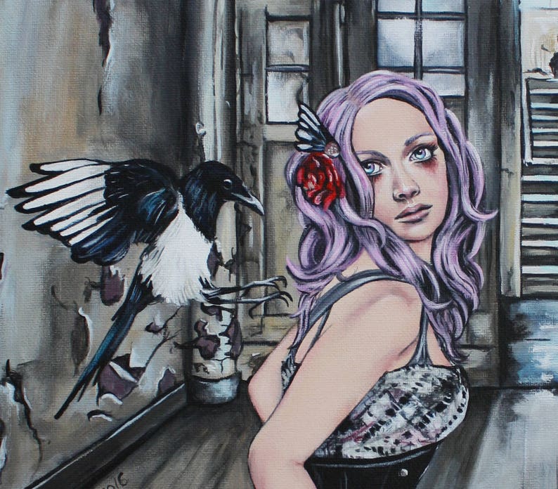 Sorrow Steampunk Girl and Magpie Art Print, Lowbrow Art Gothic Painting ...