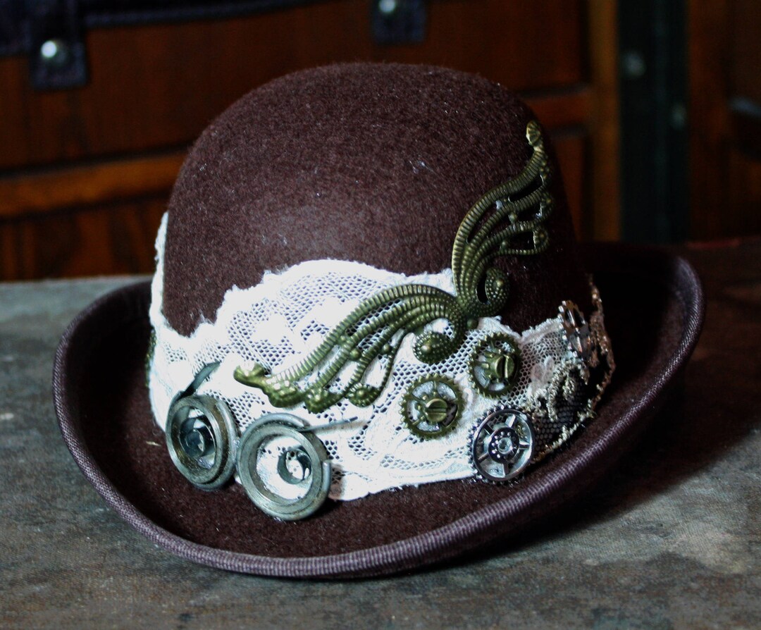 Steampunk mini bowler derby hat, brown and cream fascinator, with cogs ...