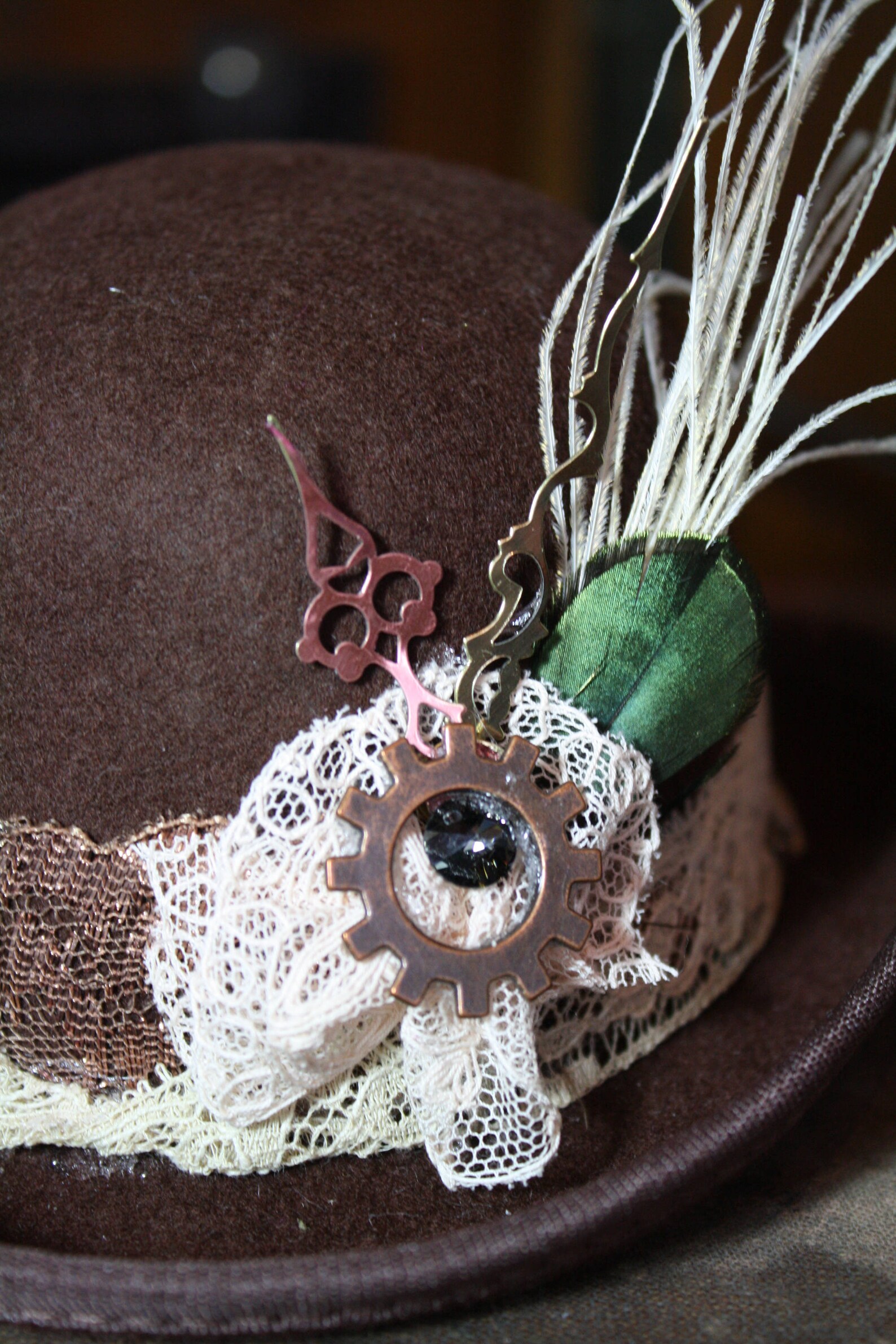 Brown and Copper Mini Bowler Derby Hat, Fascinator, With Clock Hands ...