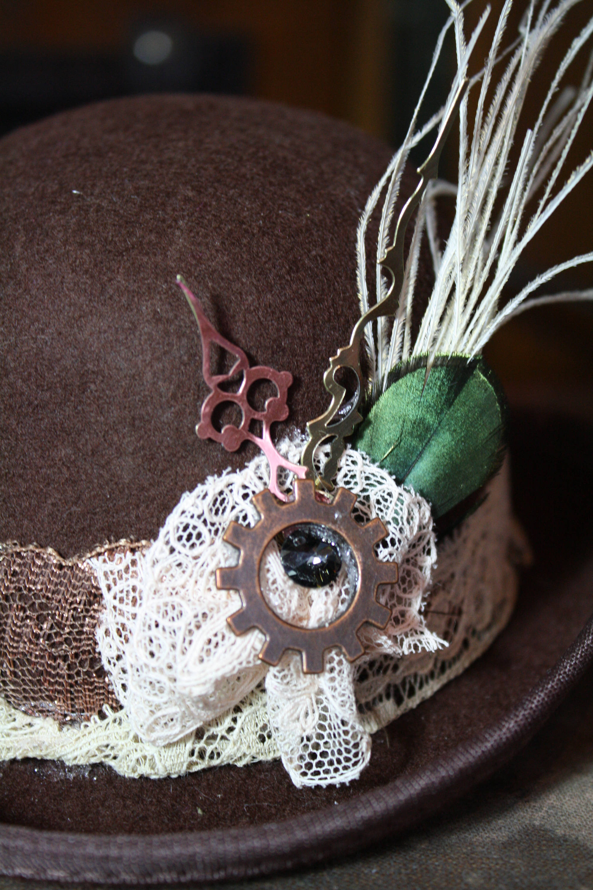 Brown and Copper Mini Bowler Derby Hat, Fascinator, With Clock Hands ...