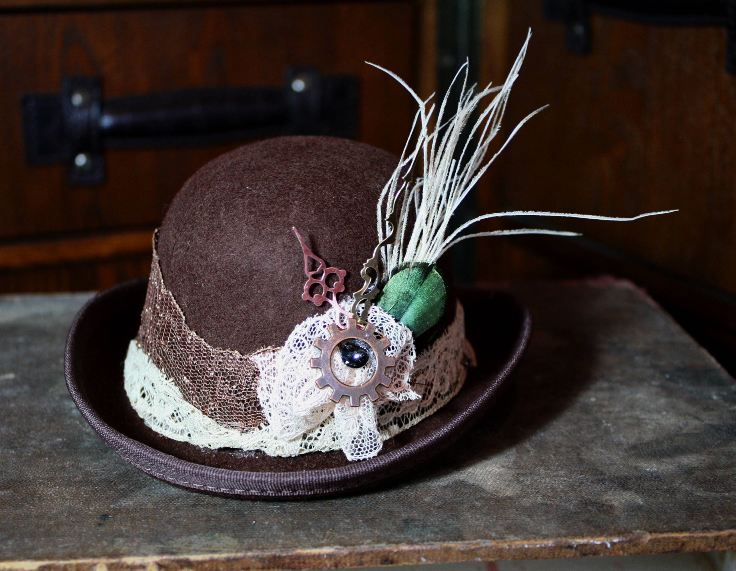 Brown and Copper Mini Bowler Derby Hat, Fascinator, With Clock Hands ...