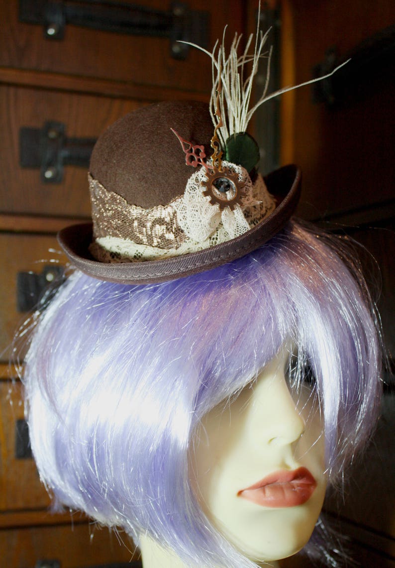 Brown and Copper Mini Bowler Derby Hat, Fascinator, With Clock Hands ...
