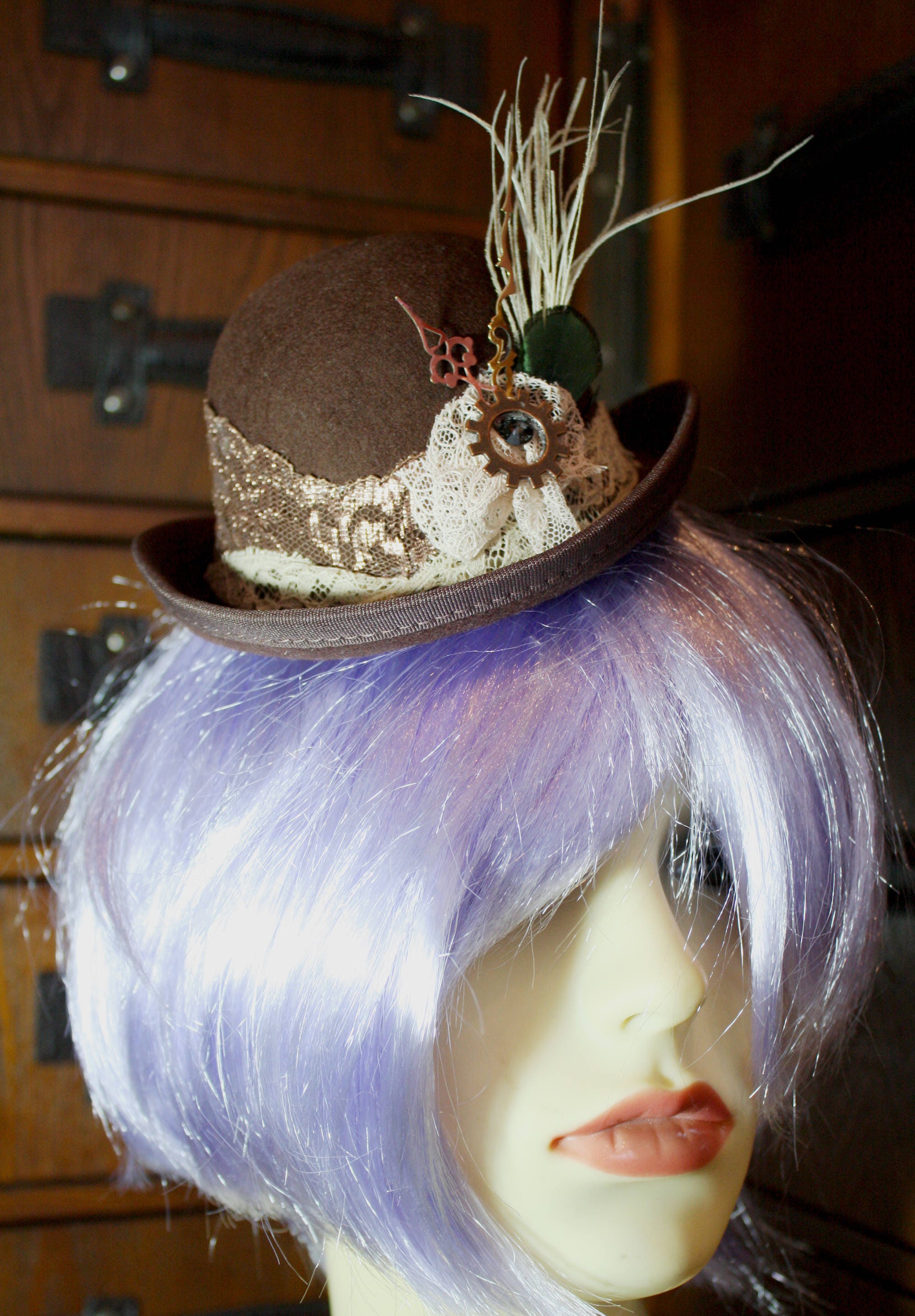 Brown and Copper Mini Bowler Derby Hat, Fascinator, With Clock Hands ...