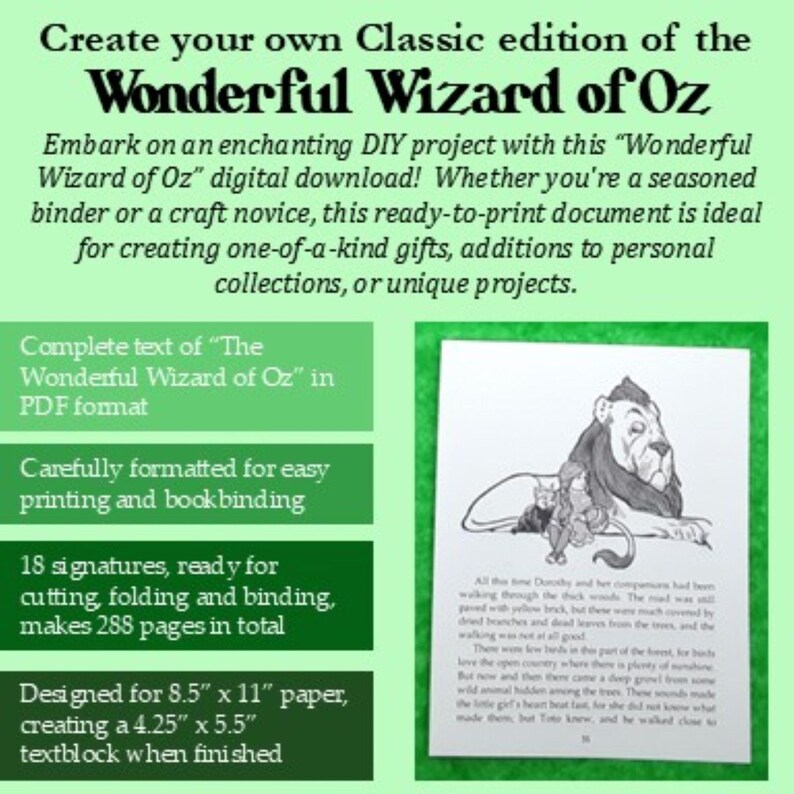 Wizard of Oz Miniature Bookbinding Kit: Printable PDF Textblock ...