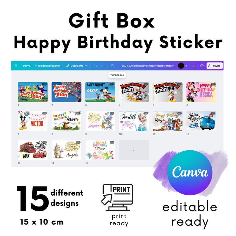 15 Editable Canva Templates, Personalized Birthday Box Stickers, Party ...