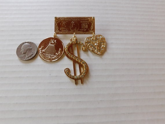 Gold 100 Dollar Bill Pin with Rhinestones Dollar Sign… - Gem