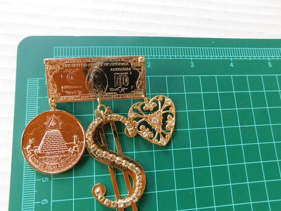 Gold 100 Dollar Bill Pin with Rhinestones Dollar Sign… - Gem