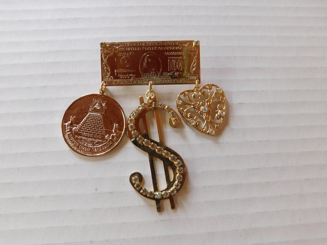 Gold 100 Dollar Bill Pin With Rhinestones Dollar Sign Heart Great Seal ...