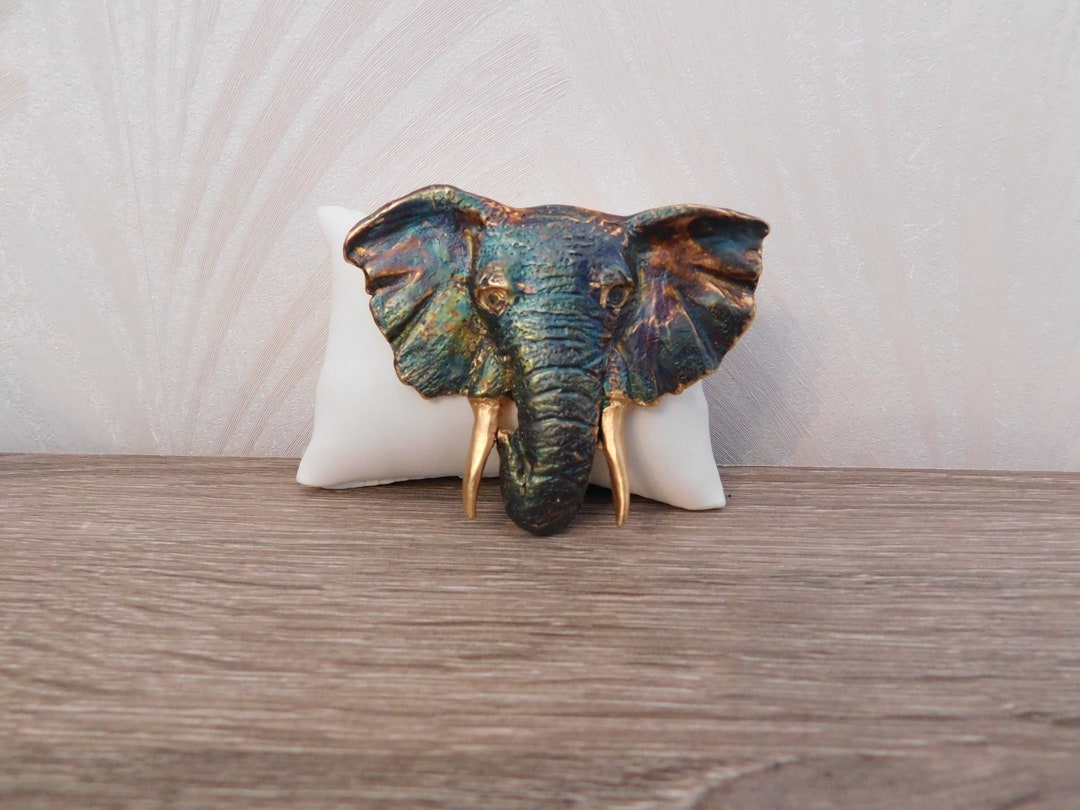 Bold Elephant Face Pin Brooch Large Gold With Green and Purple - Etsy