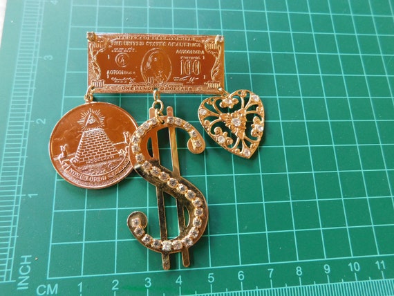 Gold 100 Dollar Bill Pin with Rhinestones Dollar Sign… - Gem