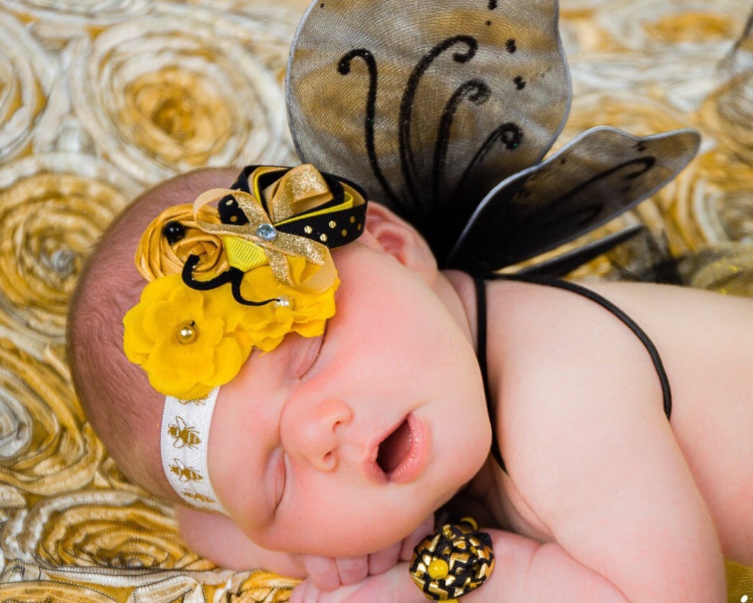 Bumble Bee Headband, Baby Girl Sculpted Black Gold Fabric Flower Satin ...