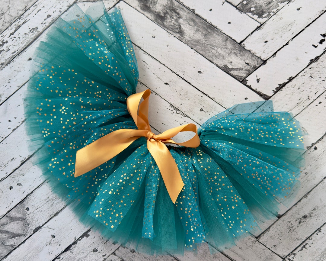 Gold Stars Teal Tutu, Shiny Twinkle Little Star Theme Cake Smash Birthday Girl Tulle Skirt, Half ...