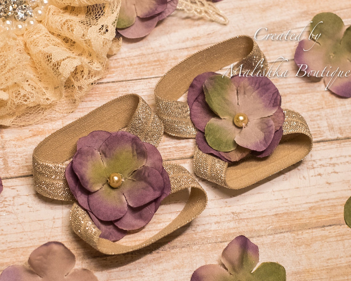 Beige Dusty Purple Barefoot Sandals, Hydrangea Flower, Newborn Baby ...