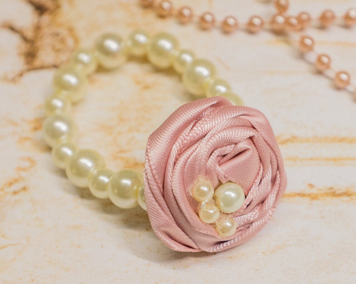 Cream Dusty Rose Pearl Rosette Bracelet Blush Mauve Little Baby Flower ...