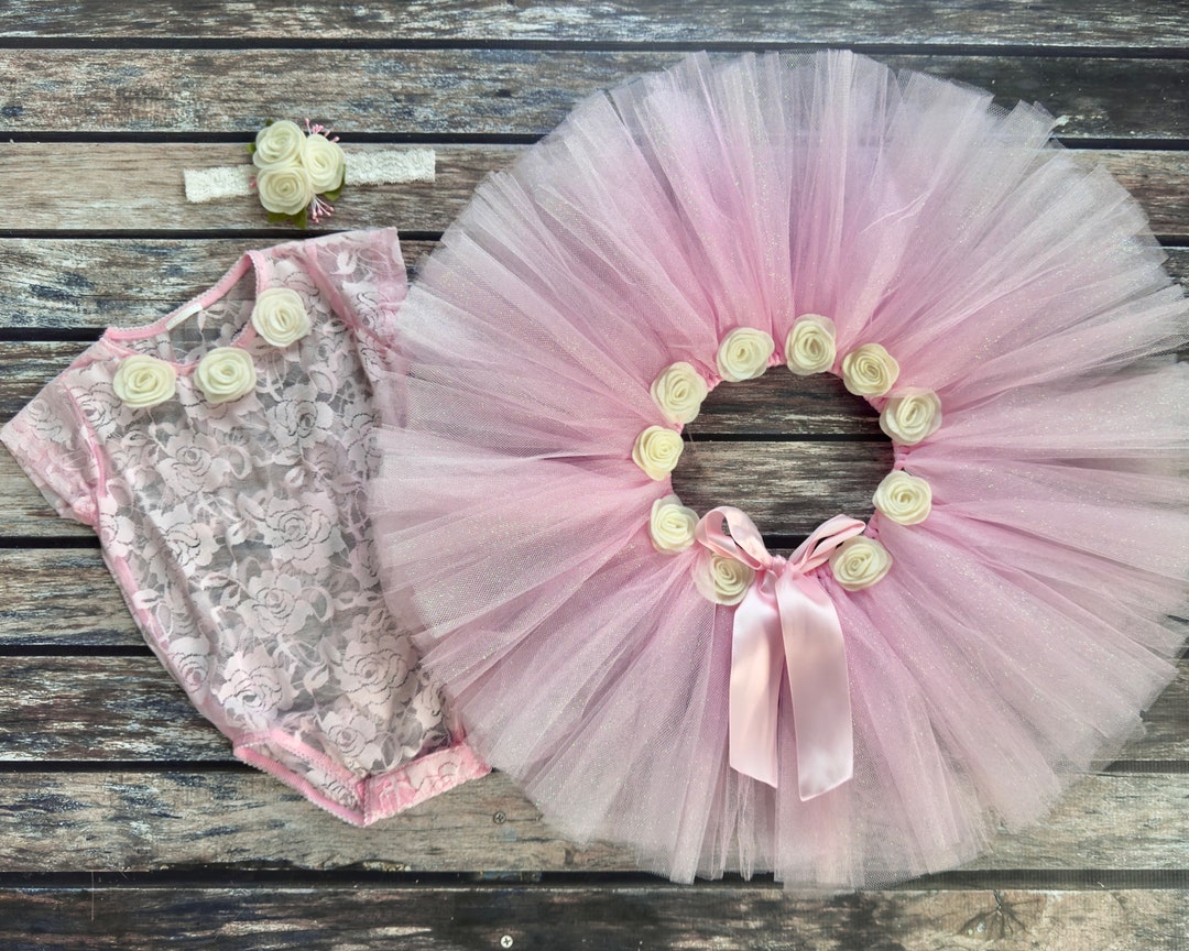 Cake Smash Outfit, Cream Rose Glitter Tutu, Lace Bodysuit Top, Felt ...