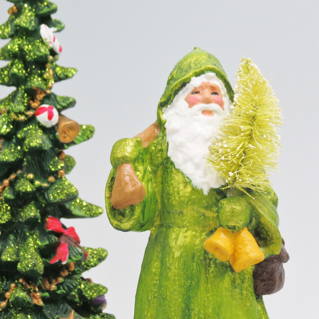 Metallic Green Chalkware Santa With Sisal Tree: Hand Crafted Folk Art ...