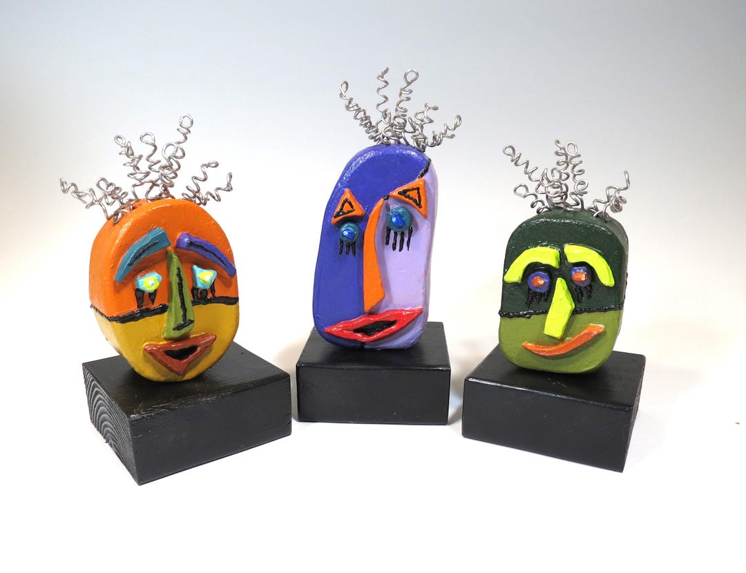 Trio of Small Face Sculptures, Art Sculptures, Ceramic Art, Cubist Art ...
