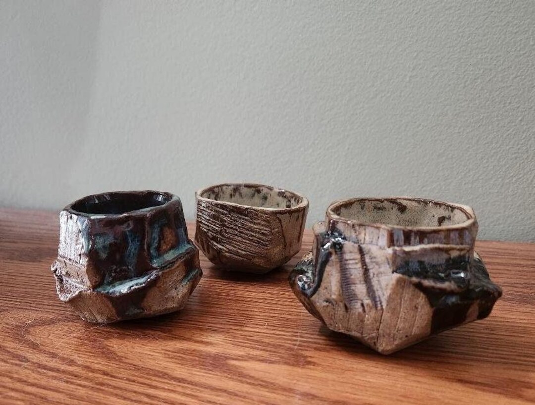 Kurinuki Container set of 3, Hand Carved Texture Ceramic Cup, Succulent ...