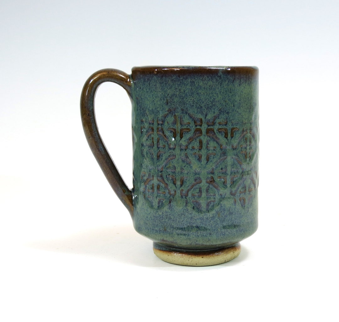 Hand Built Texture Coffee Mug, 14 Oz Ceramic Mug, Green Coffee Mug ...