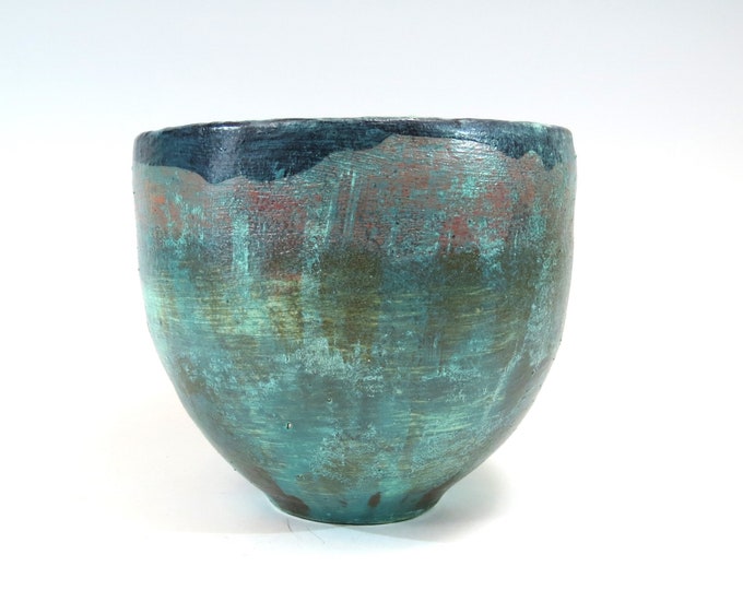Blue and Metallic Coil Built Ceramic Vase, Hand Built Pottery Bowl ...