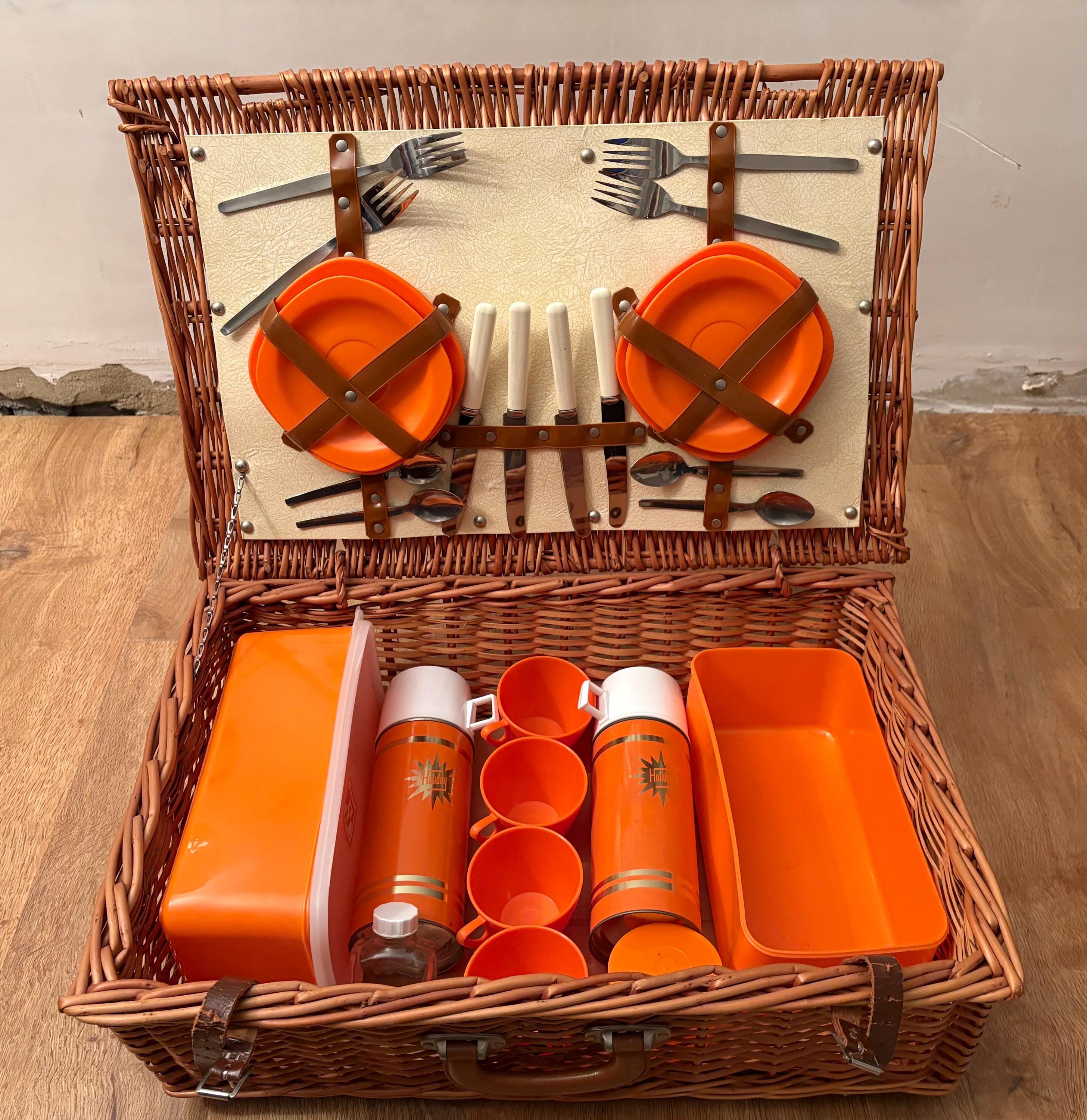 Orange 1970s Picnic Set in Wicker Hamper Plastc Tableware and Metal ...