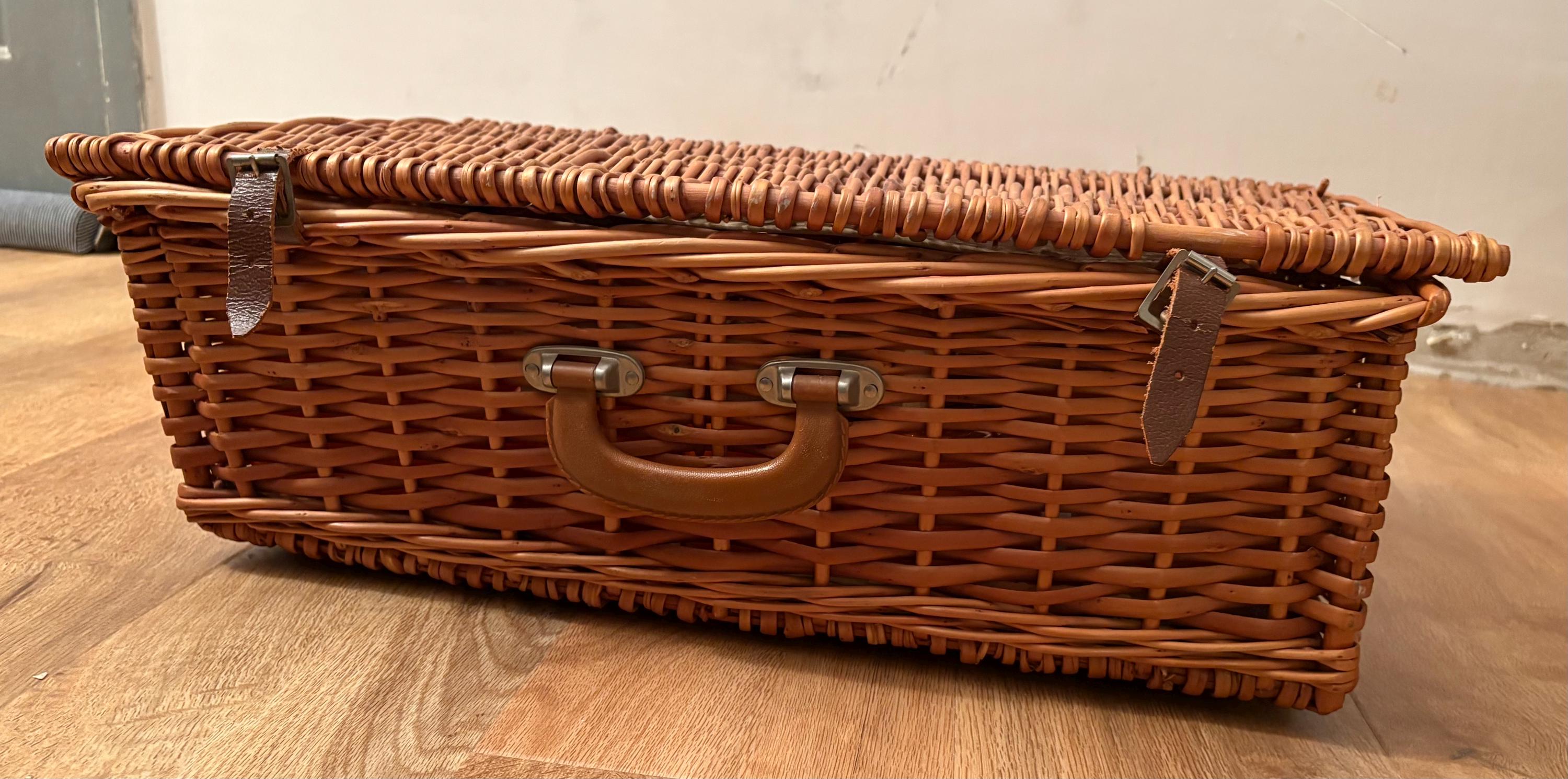 Orange 1970s Picnic Set in Wicker Hamper Plastc Tableware and Metal ...