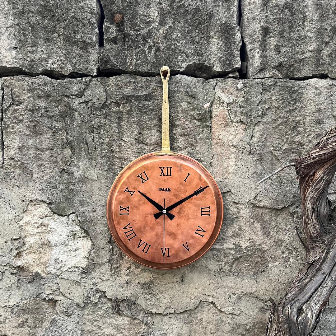 Handcrafted Copper Pan Wall Clock: Rustic Roman Numeral Kitchen Decor ...