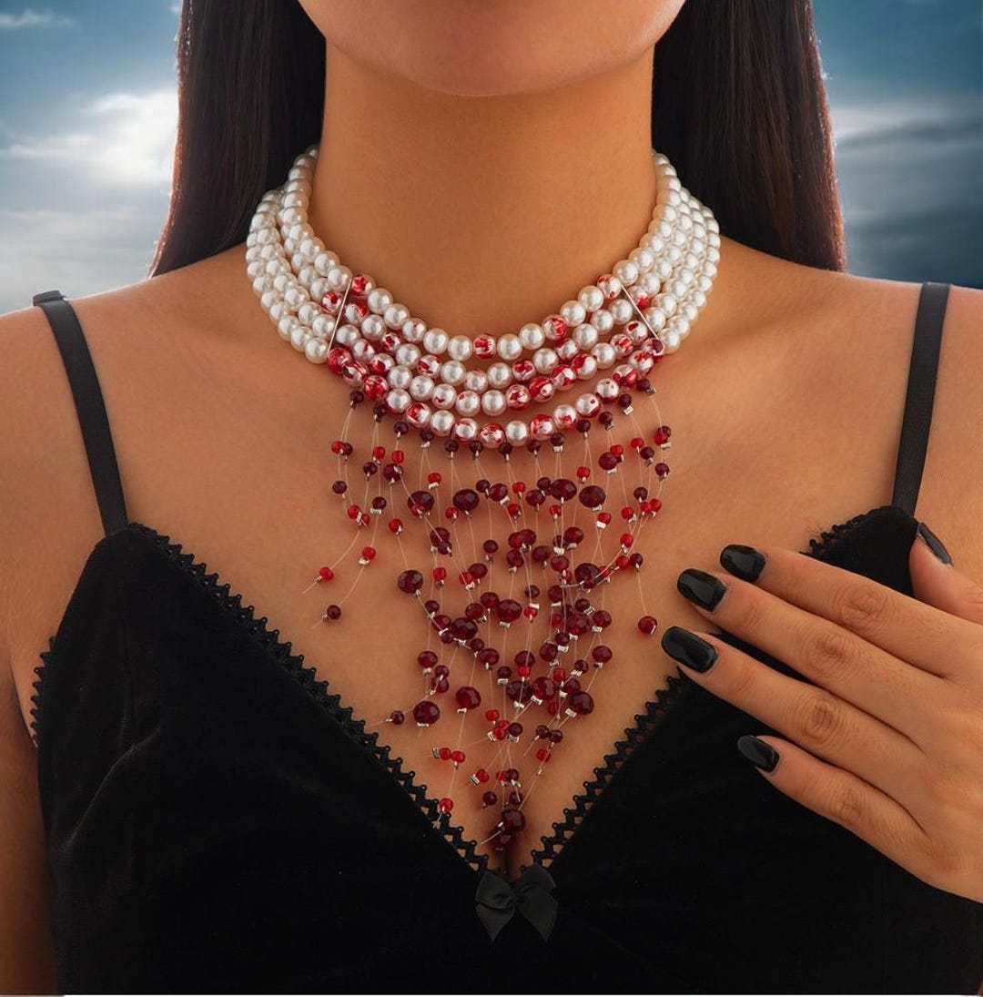 Gothic Bloody Pearl Necklace, Halloween Vampire Jewelry Red Tassel ...