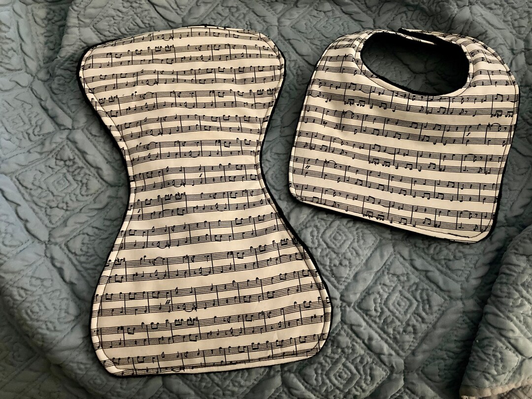 Music Notes Baby Bib and Burp Pad Set Baby Gift Baby Shower White or ...